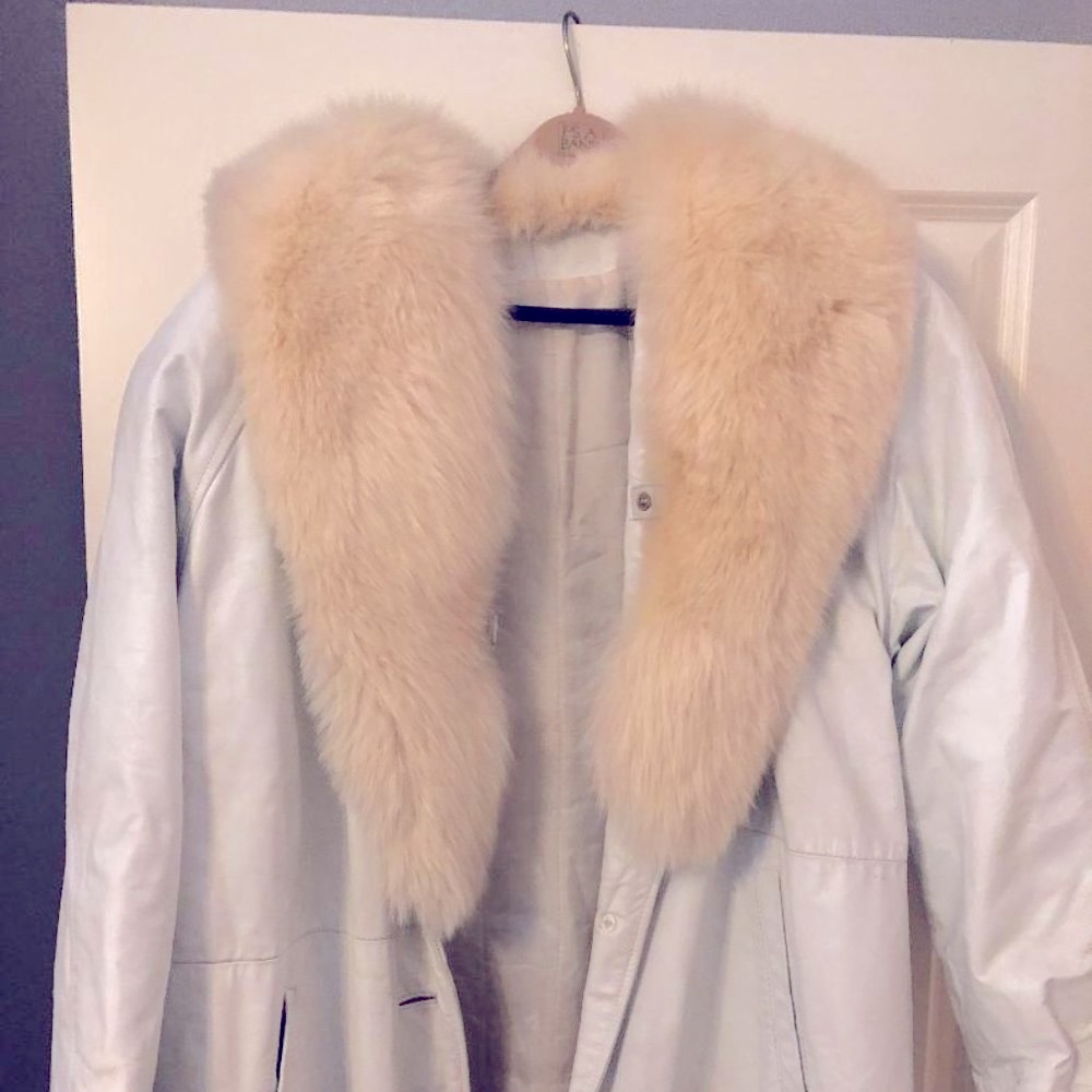 Full Length White Leather Jacket With Real Fox Fur Co… - Gem